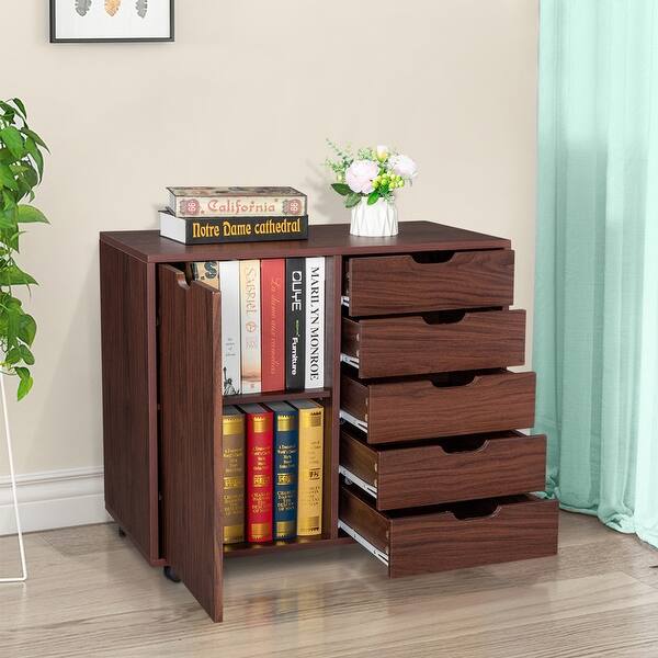 Single Door Five Drawers MDF With PVC Wooden Filing Cabinet Dark Brown ...