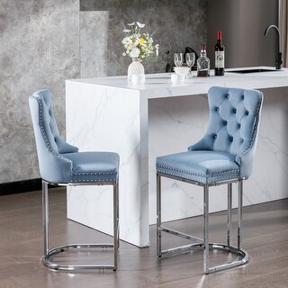 Light Blue Velvet Upholstered Wingback Bar Stools, Set of 2 - Bed Bath ...