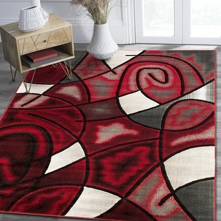 HR Red/Grey/Silver/Black/Abstract Area Rug Contemporary Swirls Pattern ...