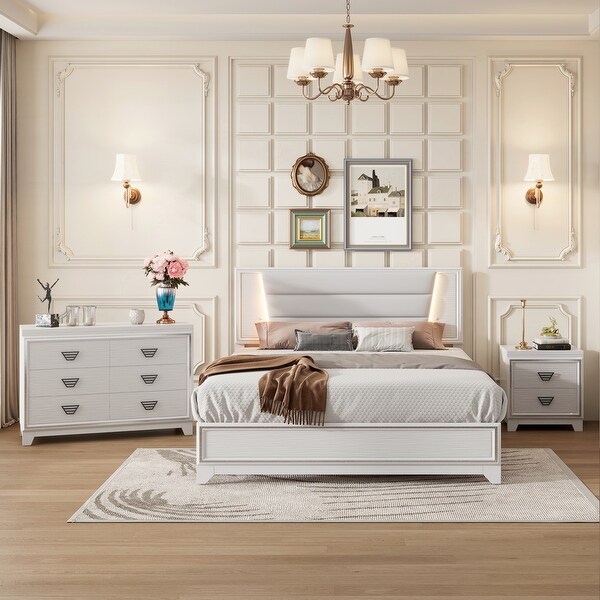 3 Pieces Bedroom Sets Queen Platform Bed with LED Light 1 Nightstands and 1 Dresser Metal Handles Sparkling Shiny Decoration