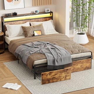 King/Queen/Full Bed Frame with RGB Lights, 2 Drawers, Headboard and ...