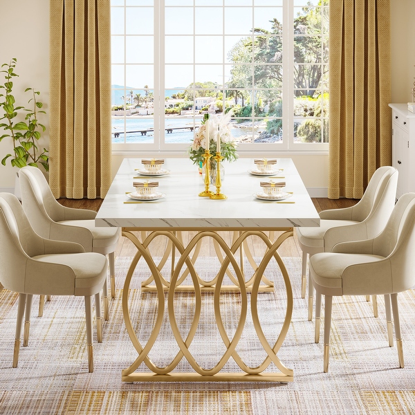 63 Inch Dining Table Modern Faux Marble Kitchen Table for 6 People White Gold