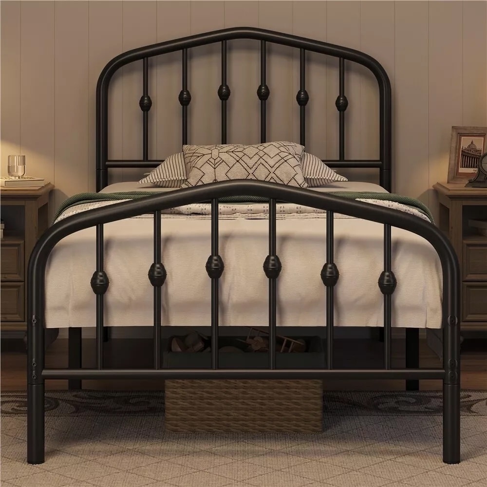 Twin Bed Frames Metal Platform Bed with Arched Headboard Black