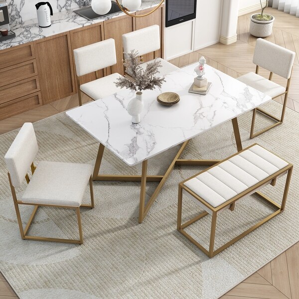 Modern Faux Marble 6 Piece Dining Table Set 60inch Metal Kitchen Table Set with Upholstered Dining Chairs and Bench Bed Bath Beyond 40750205