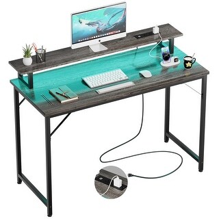 47" Computer Desk with Power Outlets, Gaming Desk with LED Lights, Work ...