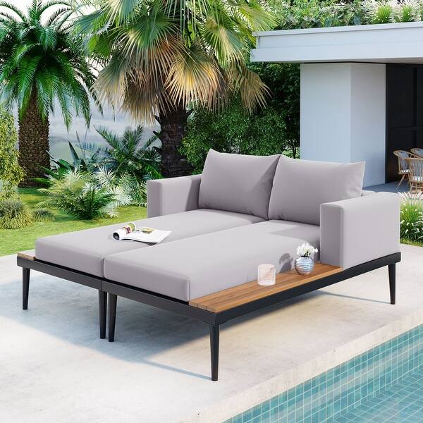 Modern Outdoor 2 in 1 Daybed Patio Metal Daybed with Wood Topped Side ...