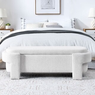 White Linen Fabric Upholstered Bench with Large Storage Space - Bed ...