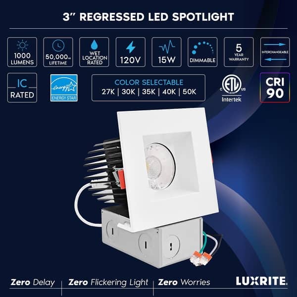 Luxrite 3 Inch Square LED Recessed Lights with J-Box, CRI 90, 5CCT ...