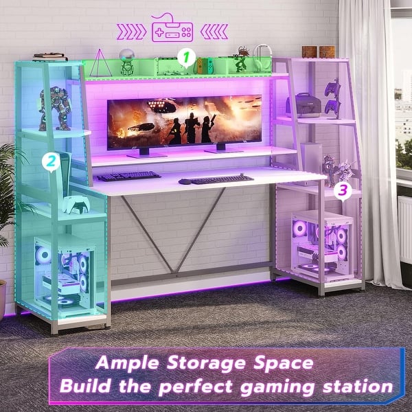 Gaming Desk LED Lights Hutch and Storage Shelves PC Gamer Desk - Bed ...