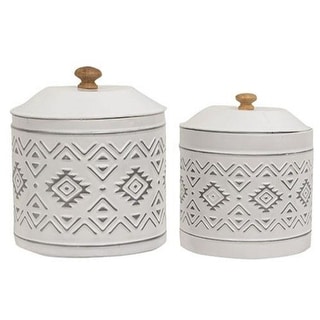 2/Set Aztec White Metal Canisters - 9.75" high x 8" diameter (large ...