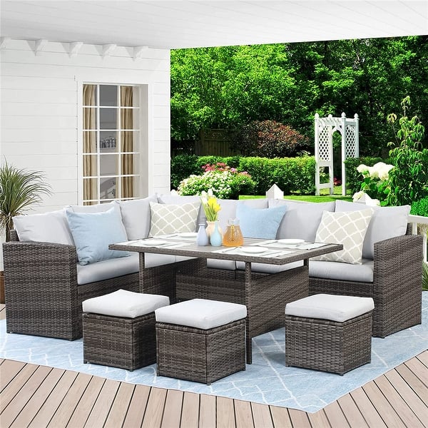 7-Pieces Rattan Wicker Patio Dining Sectional Sofa Set with Cushions ...
