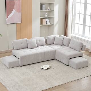 Modern L-shaped Sofa Sectional Sofa Couch with 2 Stools and 2 Lumbar ...