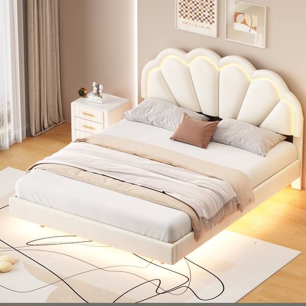 Queen Upholstered Smart LED Bed Frame with Elegant Flowers Headboard ...