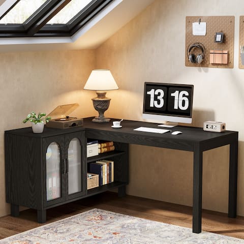 57'' Wood L-Shaped Corner Computer Desk Writing Table with Cabinet - On ...