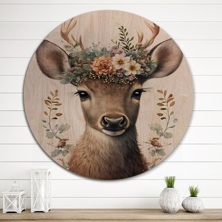 Designart "Cute Baby Caribou With Floral Crown I" Modern Wood Wall Art ...