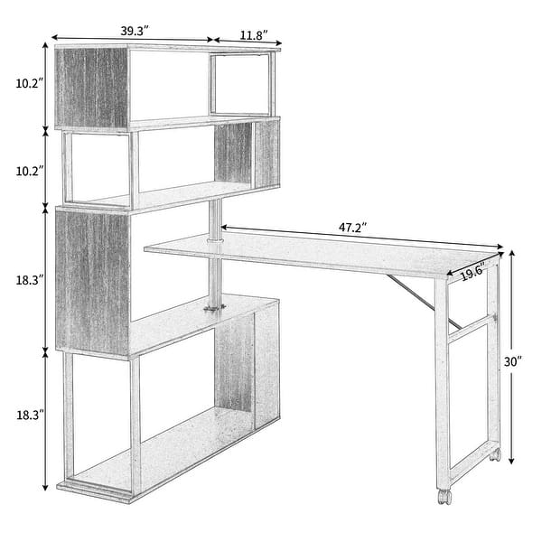 Merax Rotating Computer Desk with 5-Tier Bookshelf and Lockable Casters ...