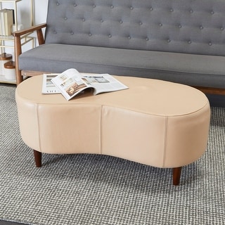 Beige Leather Upholstered Curved Bench with Tapered Wooden Legs - Bed ...
