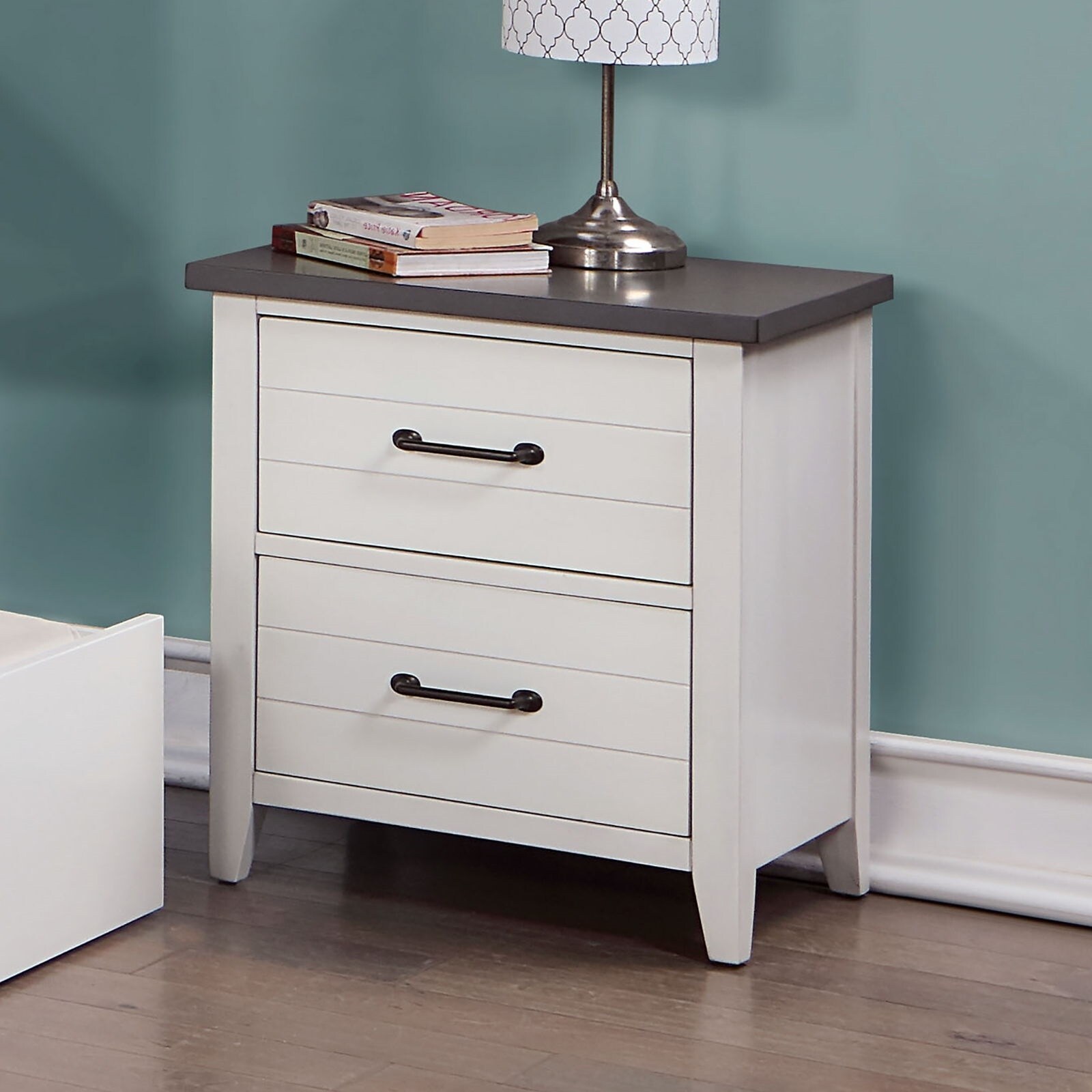 White Color Nightstand Bedroom 1PC Nightstand Solid Wood Black Appliance Pull 2 Drawers Bedside Table Gray Top Two Tone Finish