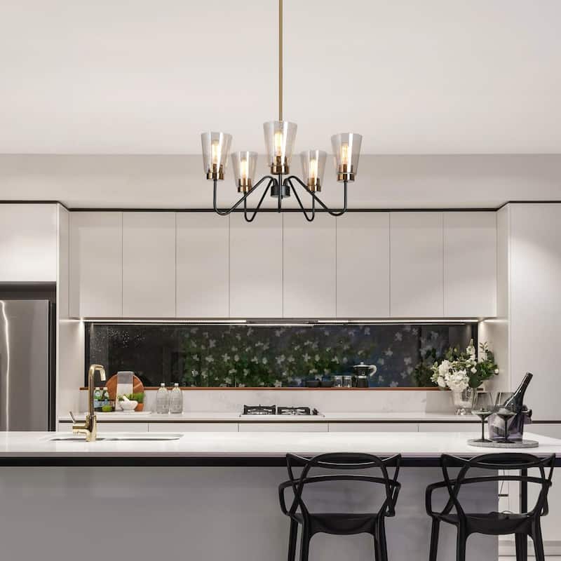 Modern Farmhouse 5/6-Light Black Gold Chandelier Seeded Glass Pendant ...