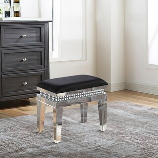 Vanity Stool with Fabric Cushioned Top Seat and Mirror Frame, Silver ...