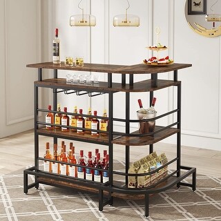 Home Bar Unit, 4 Tiers L-Shaped Liquor Bar Table with 4 Glass Holders ...
