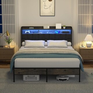 Full Size Metal LED Storage Bed Frame with Ergonomic Headboard ...