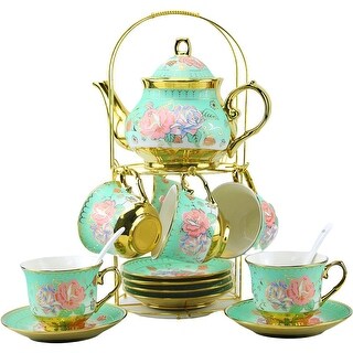 20 Pieces Porcelain Chinese Tea Set With Holder and Painting,Green - N ...