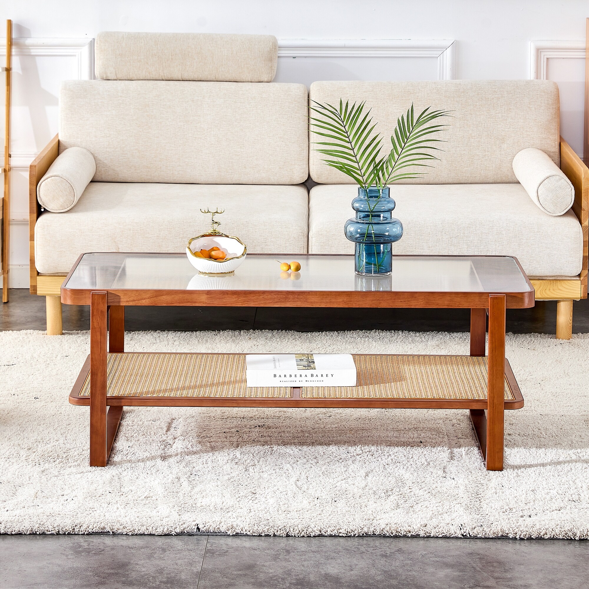 Modern simple rectangle double layer solid wood Glass desktop tea table rattan woven Chinese side table 45.28 22.44 Natural Wood