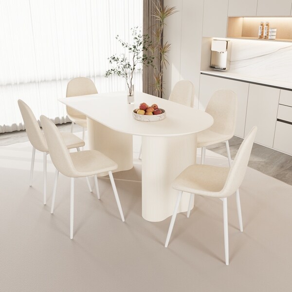 VANTOUL 7 Piece Dining Table Set with 6 Linen Chairs Buy 6 Chairs and Get 2 Free White beige