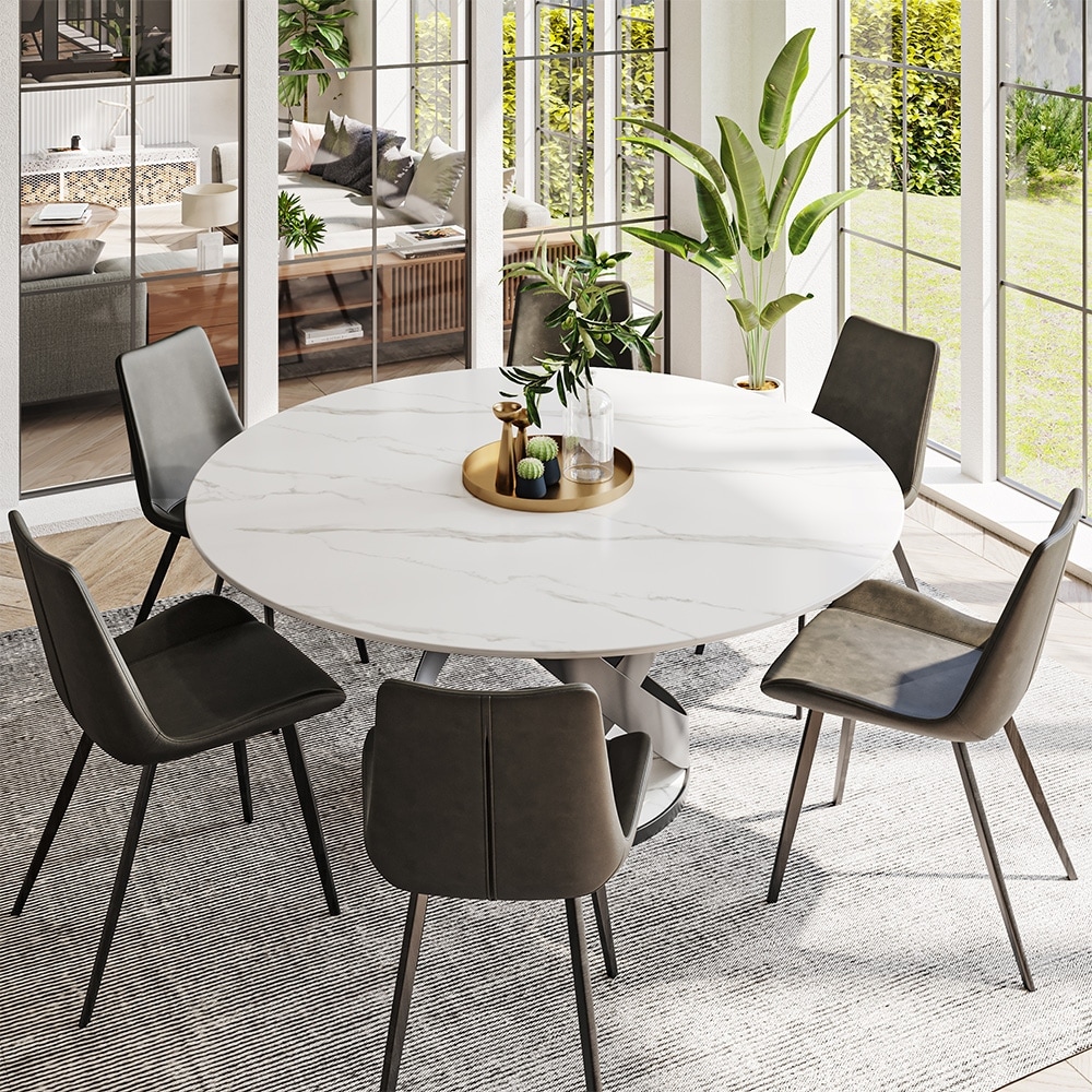 Modern Round White Glossy Dining Table with Sintered Stone Tabletop and Black X Carbon Steel Base On Sale Bed Bath Beyond 37979531