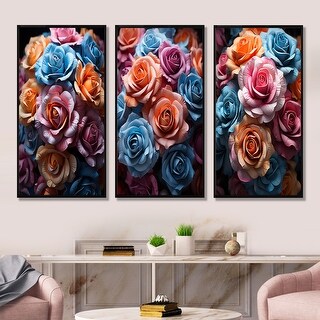 Designart "Abstract Roses Exploded Beauty" Roses Framed Canvas Set of 3 ...