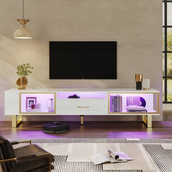 70" Led TV Stand for 75/80 inch TV, Glossy Media Console with Half ...