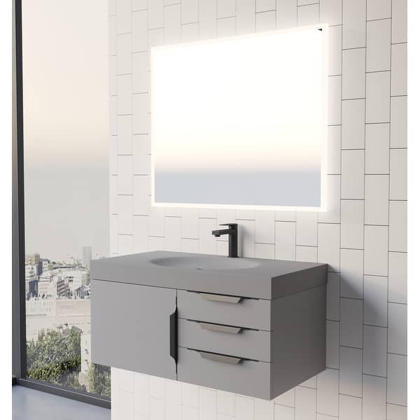 Thames 36" Shallow Basin Wall Mounted Bathroom Vanity Set w/ Gray Top ...