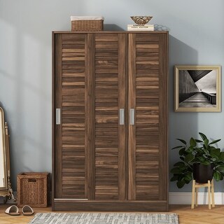 Walnut Sliding Door Armoire Shutter Wardrobe with Shelves & Hanger ...