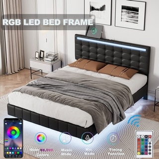 Full Size Floating Bed Frame with LED Lights and USB Charging - Bed ...