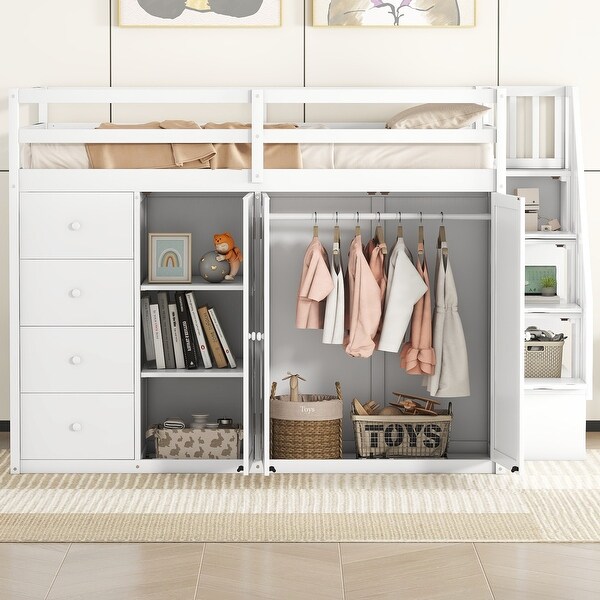 Full Size Wood Loft Bed with Built in Wardrobes Cabinets and Drawers White