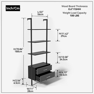 Black Vertical Ladder Bookcase Open Storage Rack Shelf with 2 Drawers ...