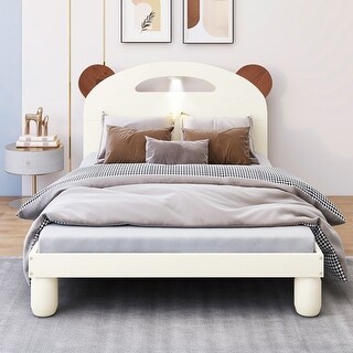 Twin Size Solid Wood Platform Bed Lovely Bear Ears Bed with LED, Cream ...