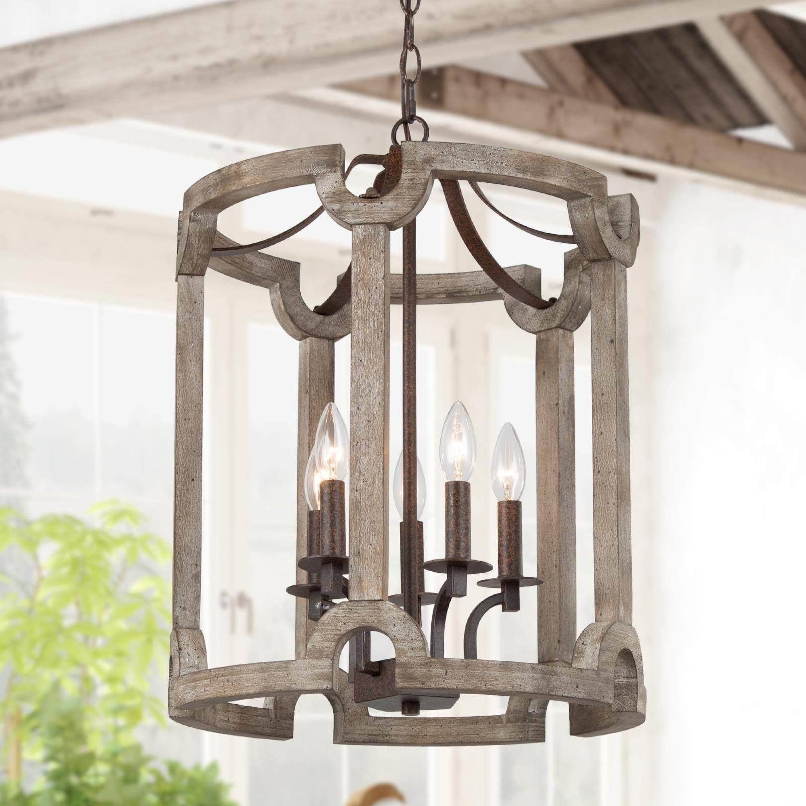 Clovy Farmhouse 4-Light Wood Lantern Chandelier for Kitchen Island with ...