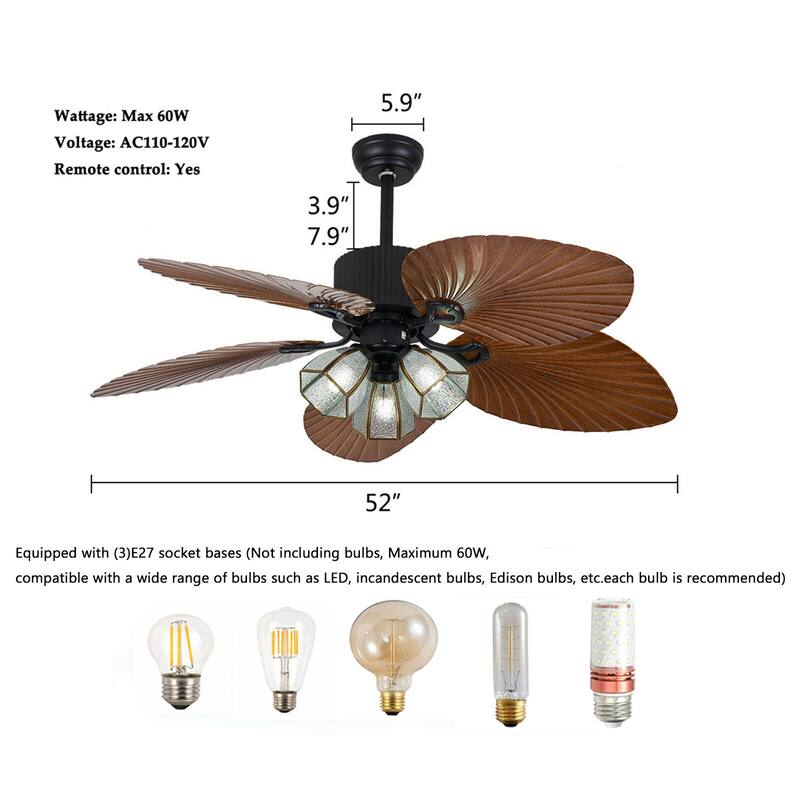 52" 5-Blade Palm Island Bronze Tropical Reversible Ceiling Fan with ...