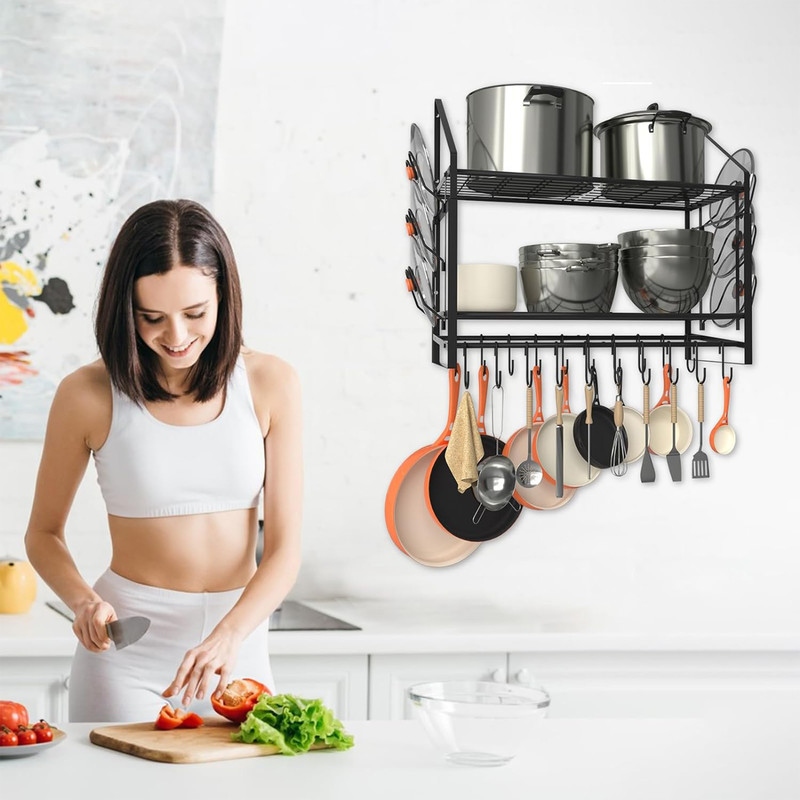 Hanging Pot Rack 2 Tier Pots and Pans Organizer for Kitchen Cookware Storage 28.5 L x 12.2 W x 26.4 H Black