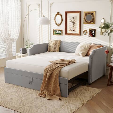 Twin Size Velvet Upholstered Daybed with Pop Up Trundle Bed, Low ...