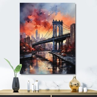 Designart "Coral Bridge Urban Silhouettes I" Bridges Canvas Wall Art ...