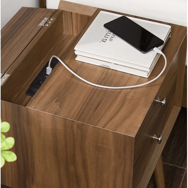 Olson Mid-century Modern Walnut Wooden Nightstand with Hidden Charging Station - Bed Bath ...