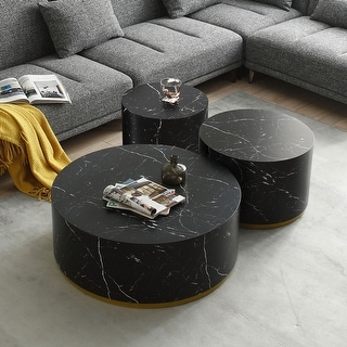 Black Set of 3 Marble Pattern Round Tables, Fully Assembled - 3 Piece ...