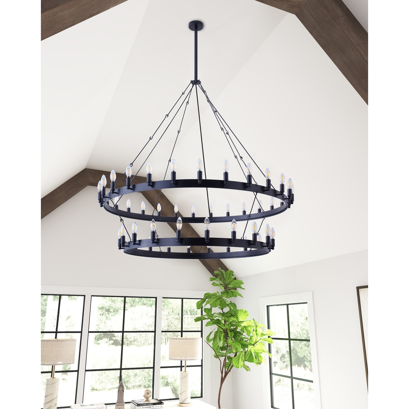 Black 28-Light Wagon Wheel Industrial 2-Tier Candle Style Chandelier ...
