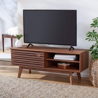 TV Stand for 55" Flatscreen - Walnut Brown, Sliding Door, Open Shelves ...