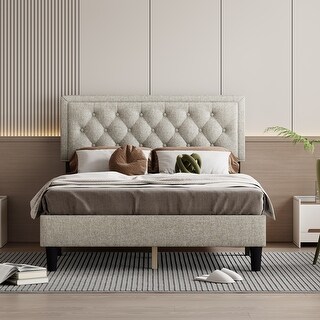Full/Queen/King Panel Bed Frame with Adjustable Button-Tufted Headboard ...