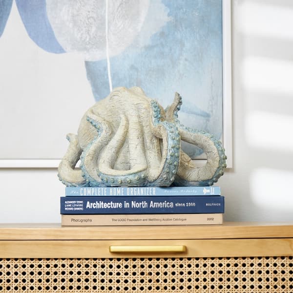 Beige Polystone Textured Octopus Decorative Sculpture with Light Blue ...