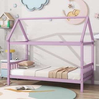 Pink Twin House Bed with Headboard and Footboard, Rubber Wood Frame ...